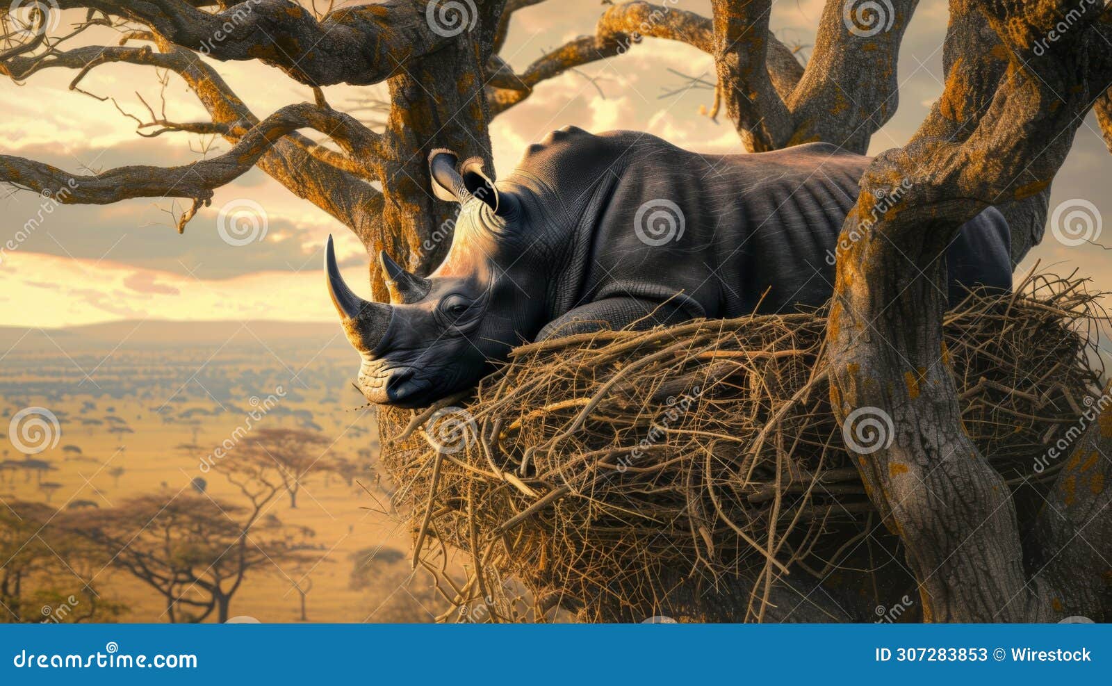 A Rhino Lies on the Back of a Nest in a Tree Stock Image - Image of ...