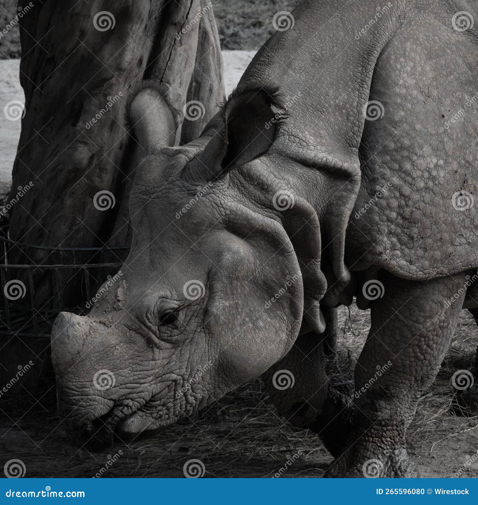 Rhino Standing Near Tree Bark Stock Photo - Image of grasses, park ...