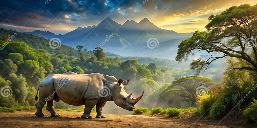 A Rhino Walks through a Forest with Trees and Mountains in the ...