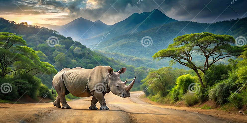A Rhino Walks through a Forest with Trees and Mountains in the ...