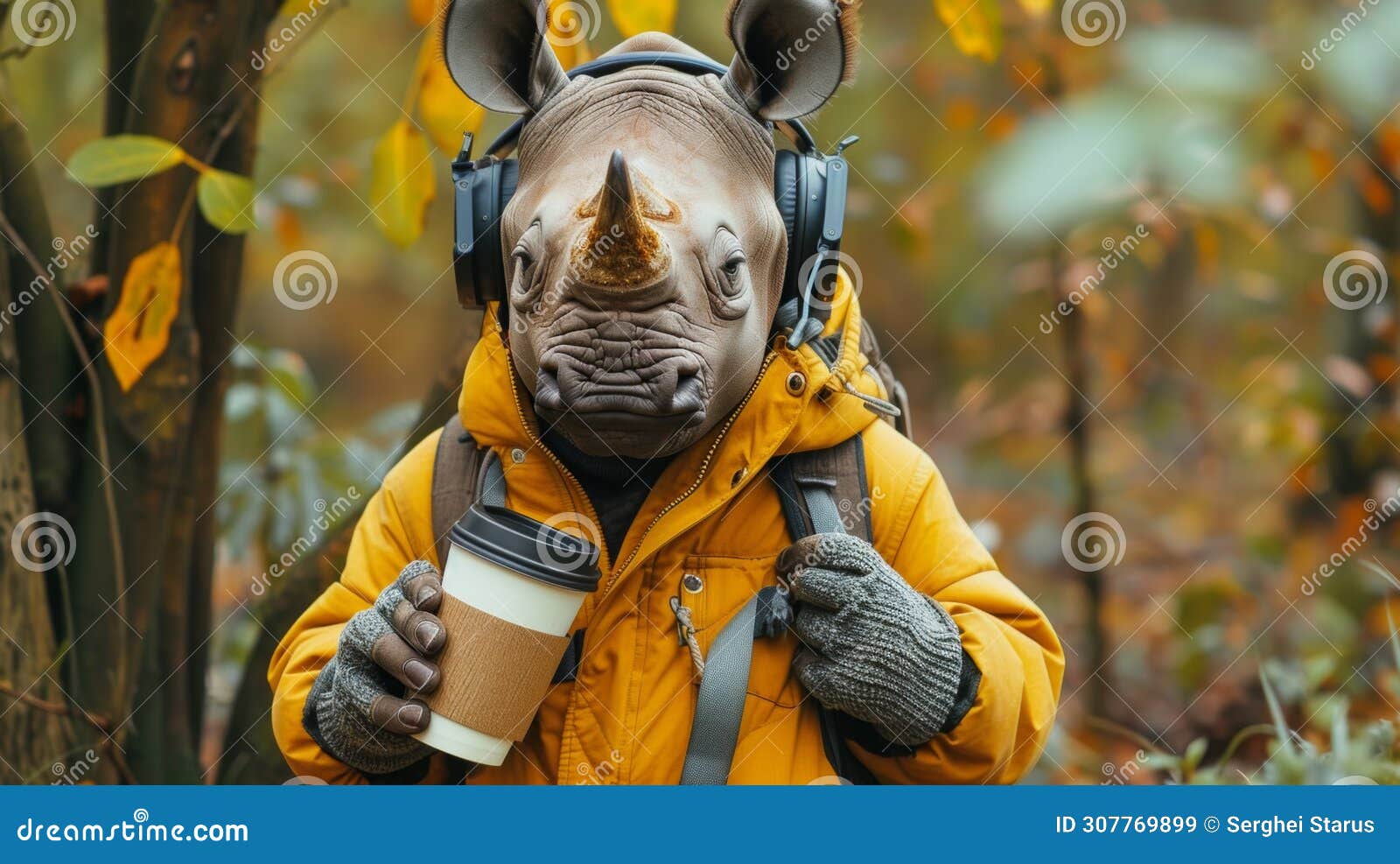 A Rhino Wearing a Yellow Jacket and Holding Coffee, AI Stock Image ...