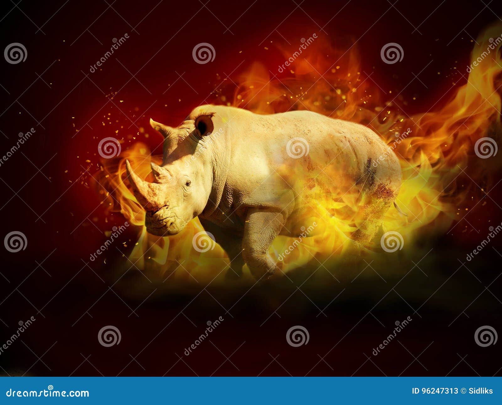 Rhinoceros in flames stock image. Image of fire, burn - 96247313