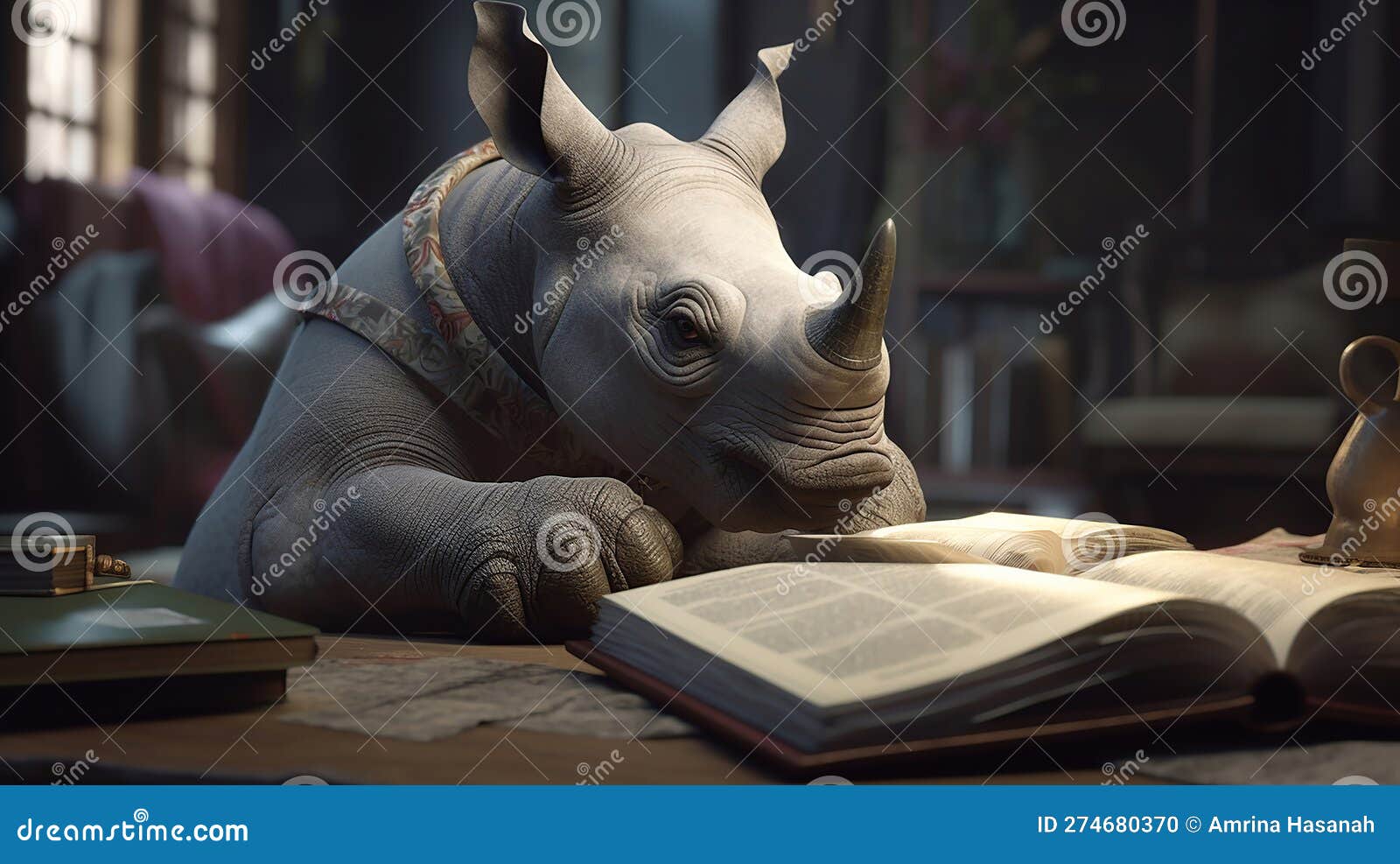 Rhinoceros Reading a Book in the Library. Generative AI Technology ...
