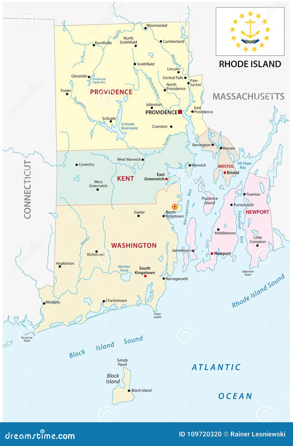 Rhode Island Administrative Vector Map with Flag Stock Vector ...