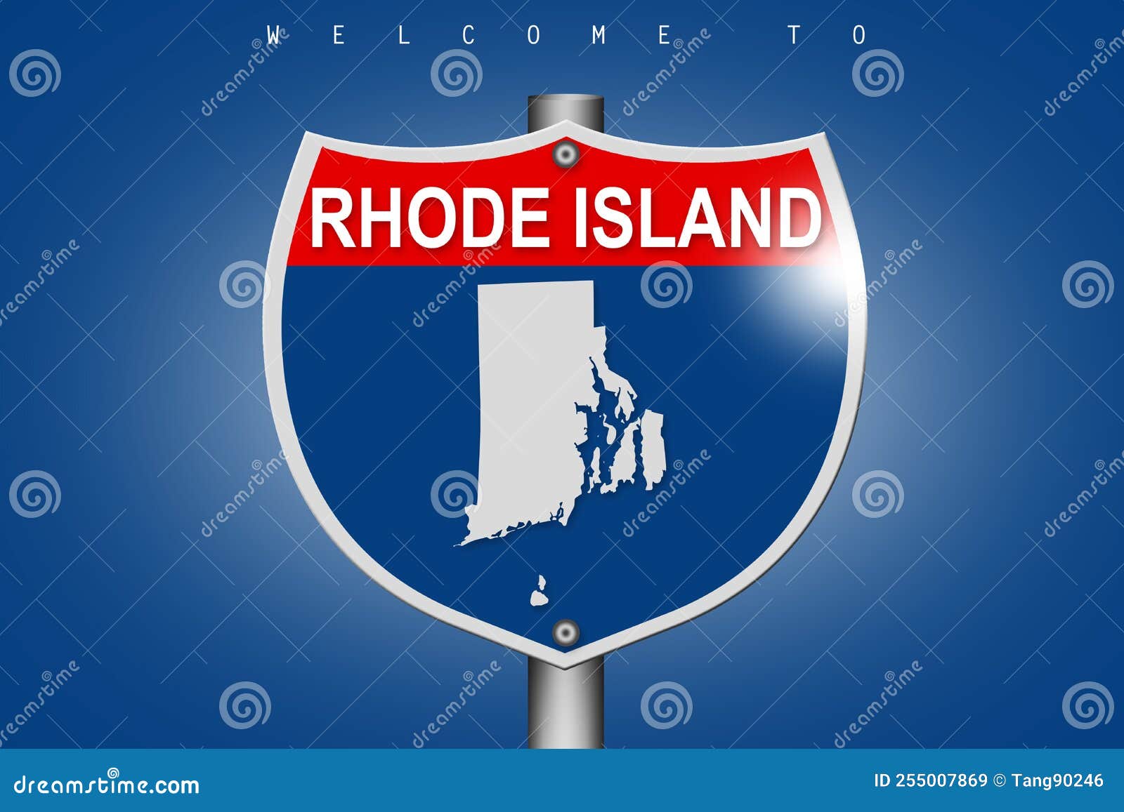 Rhode Island on Highway Road Sign Over Blue Background Stock ...