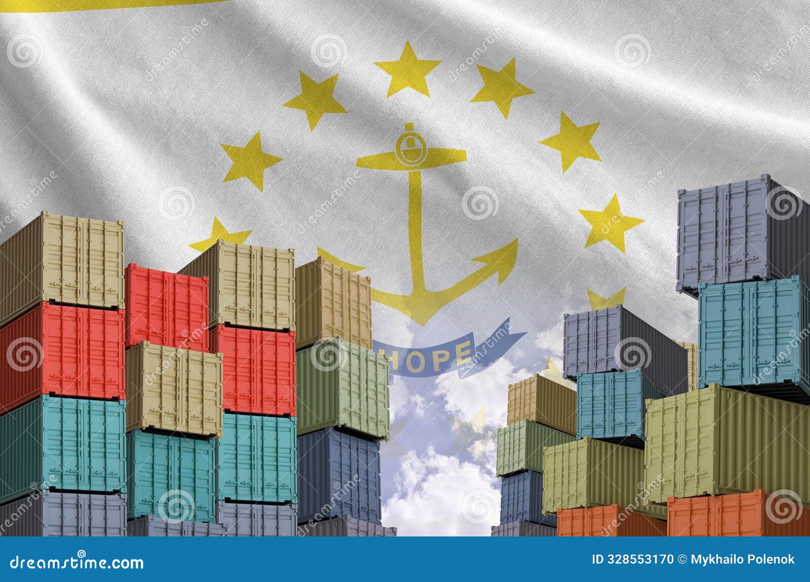 Rhode Island US State Flag and Big Stack of Shipping Cargo Containers ...