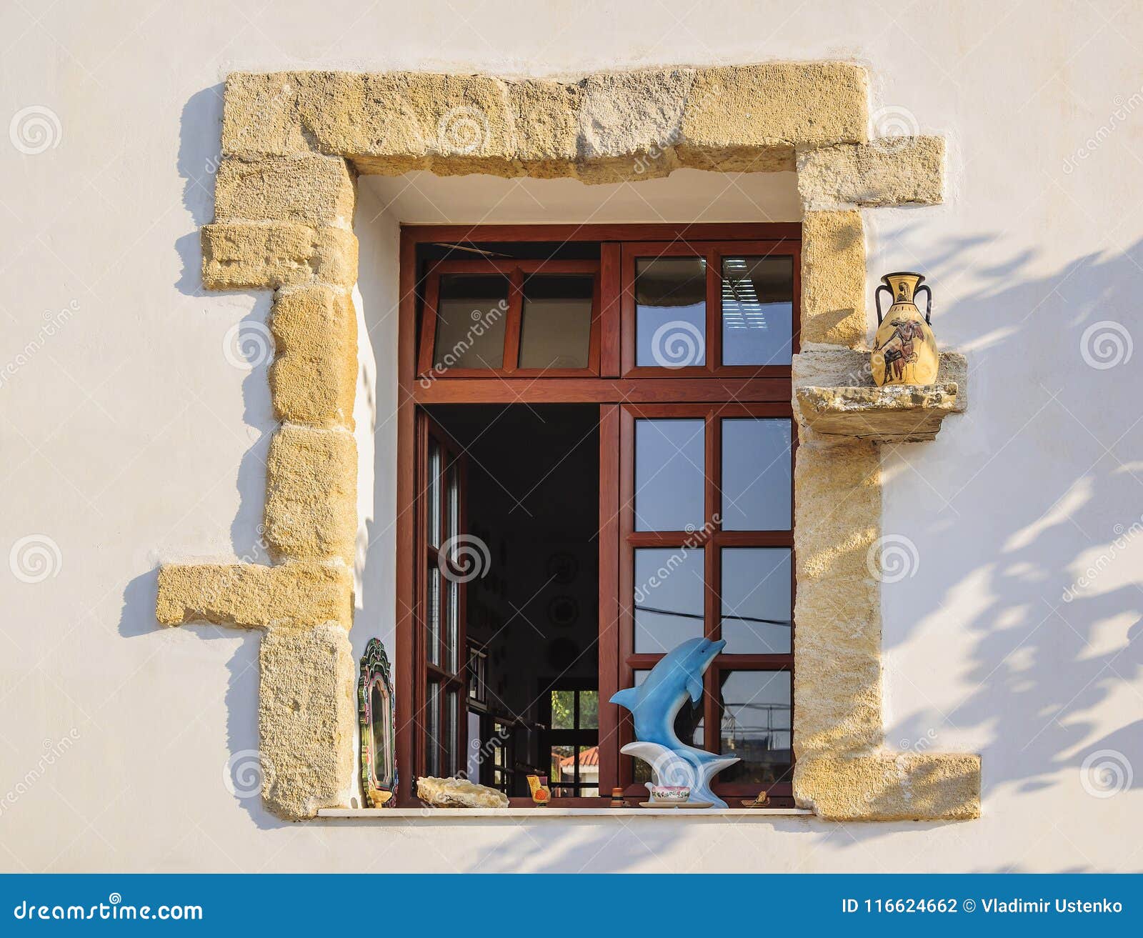 RHODES, GREECE-August 24, 2015: Window in a Modern Ceramic Pottery ...