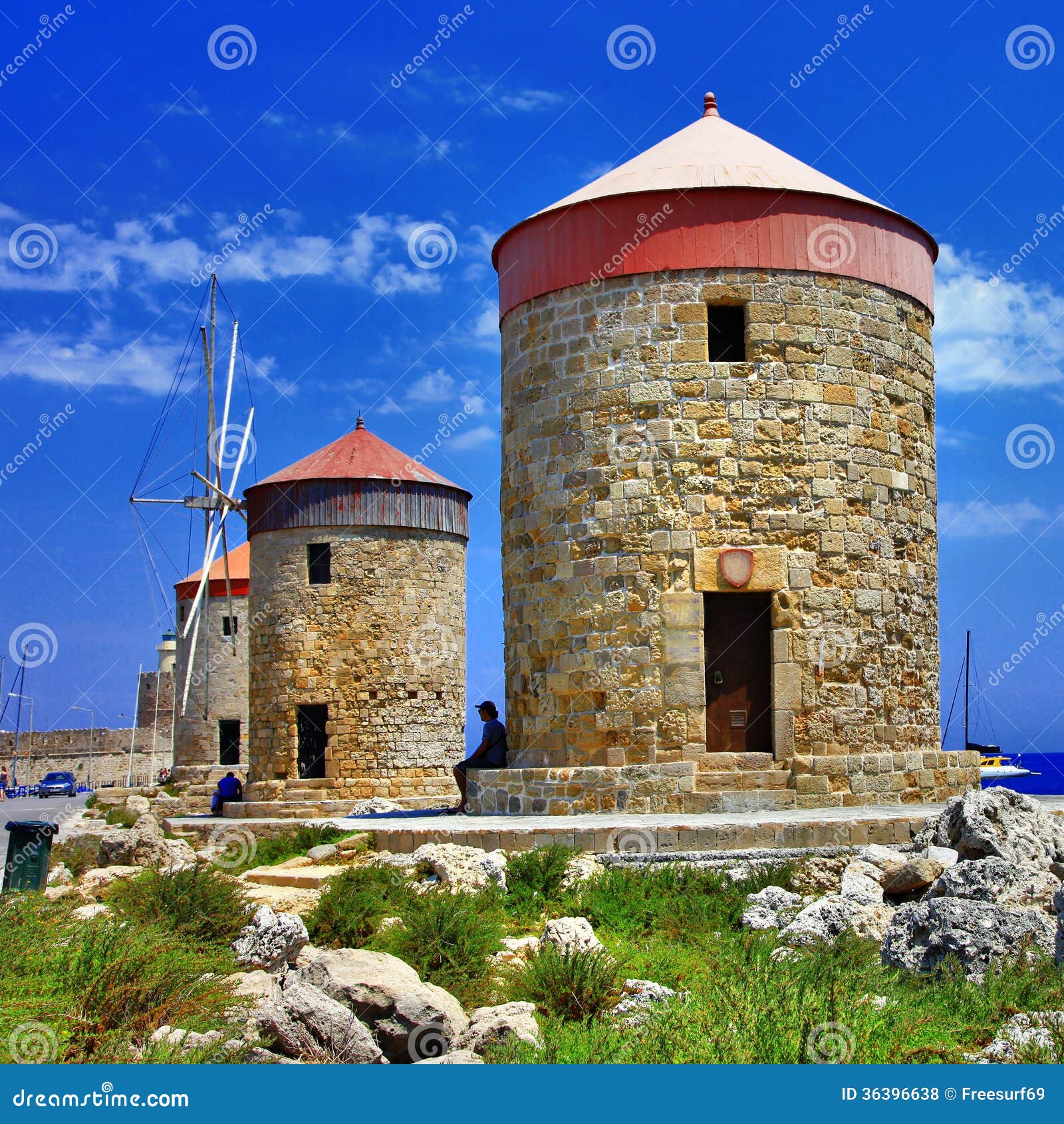 Rhodes windmills. Greece stock photo. Image of boat, european - 36396638