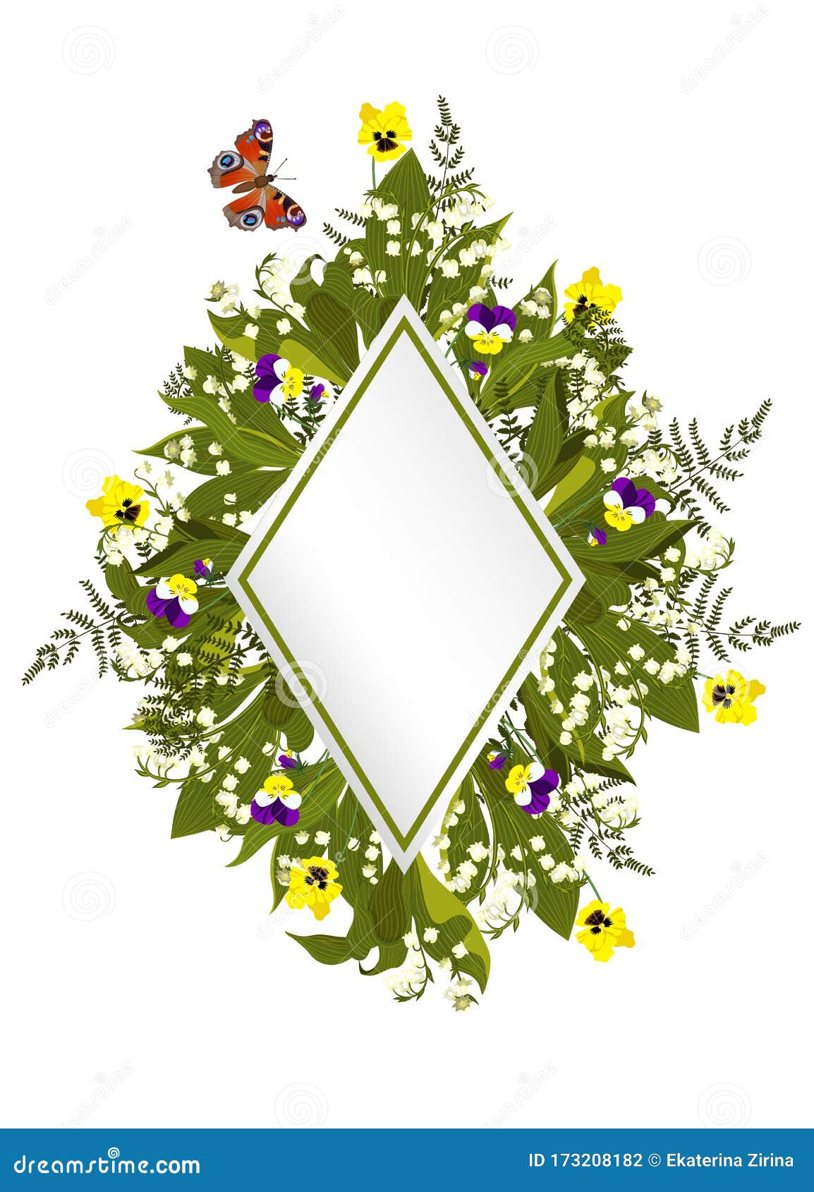 Rhombus Frame with Flowers and Butterfly. Vector Graphics Stock ...