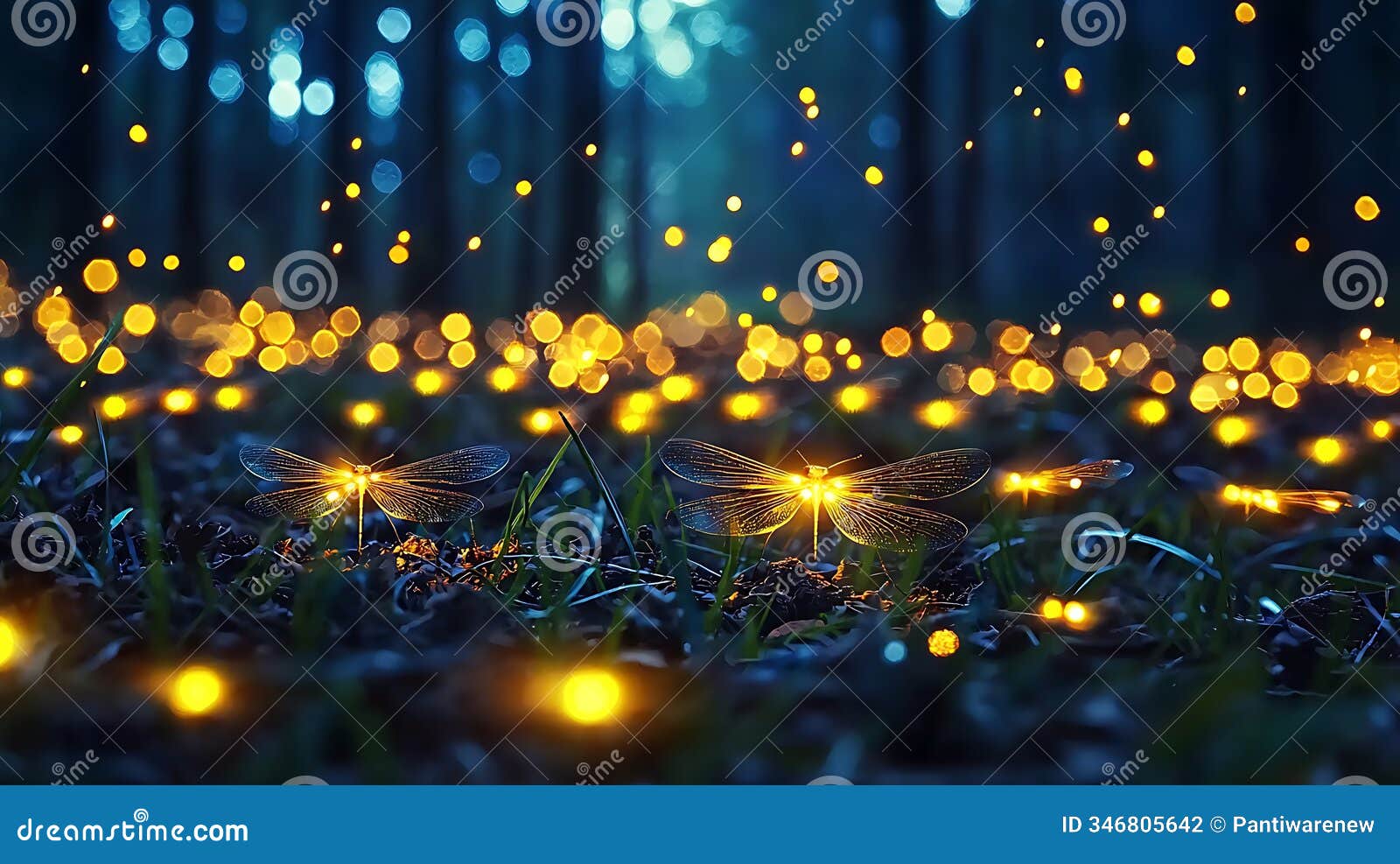Rhythmic Blinking Fireflies in a Dense Forest Scene Stock Illustration - Illustration of ...