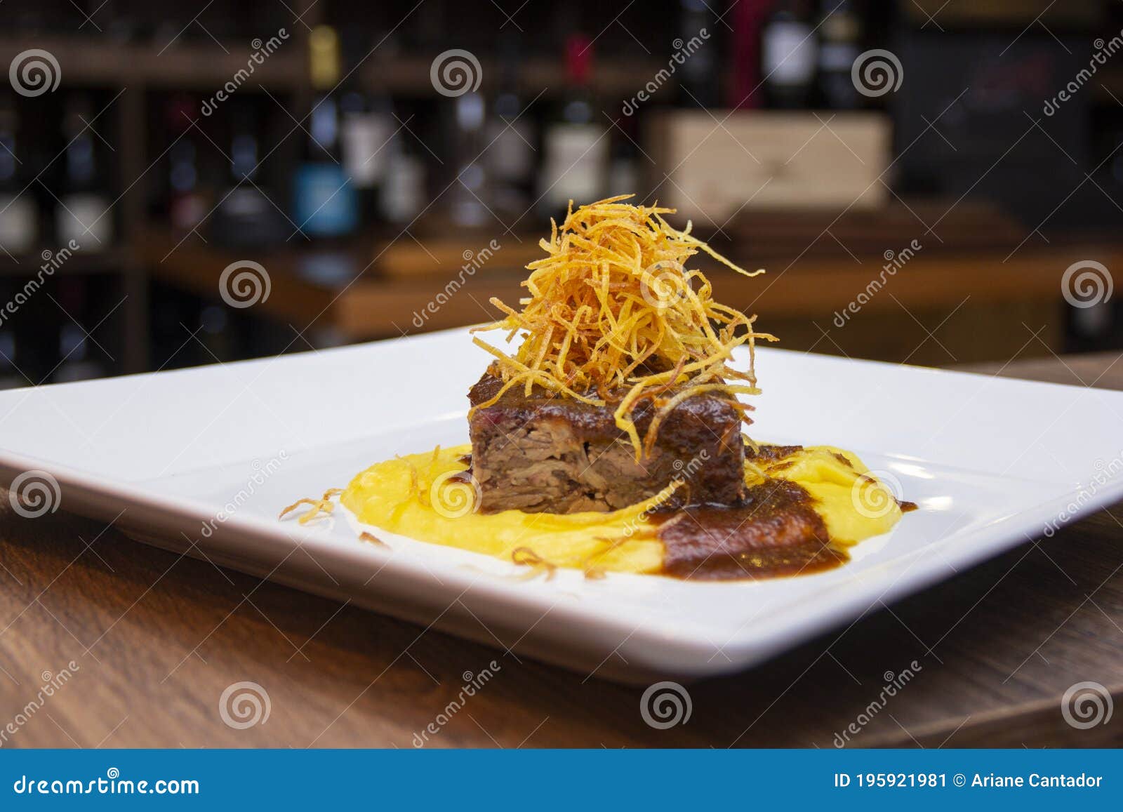 Rib With Mashed Manioc And Fried Onion. Harmonized With Glass Of Red ...