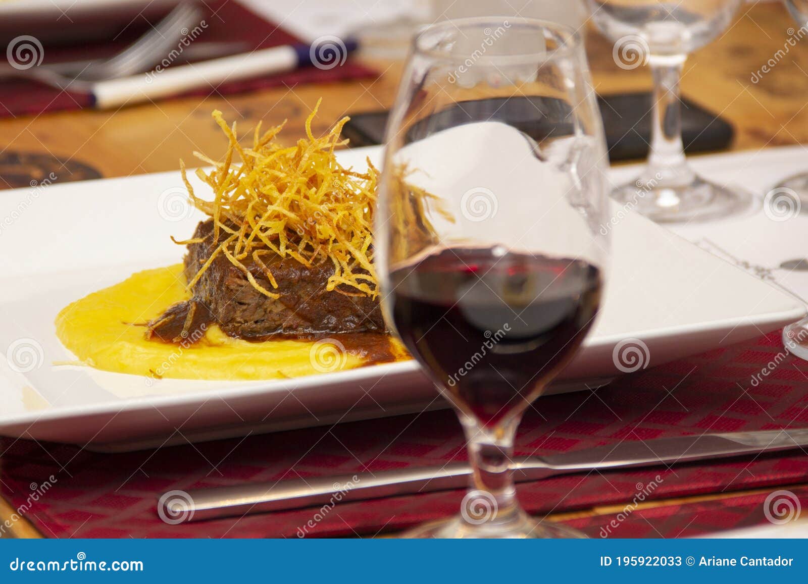 Rib With Mashed Manioc And Fried Onion. Harmonized With Glass Of Red ...