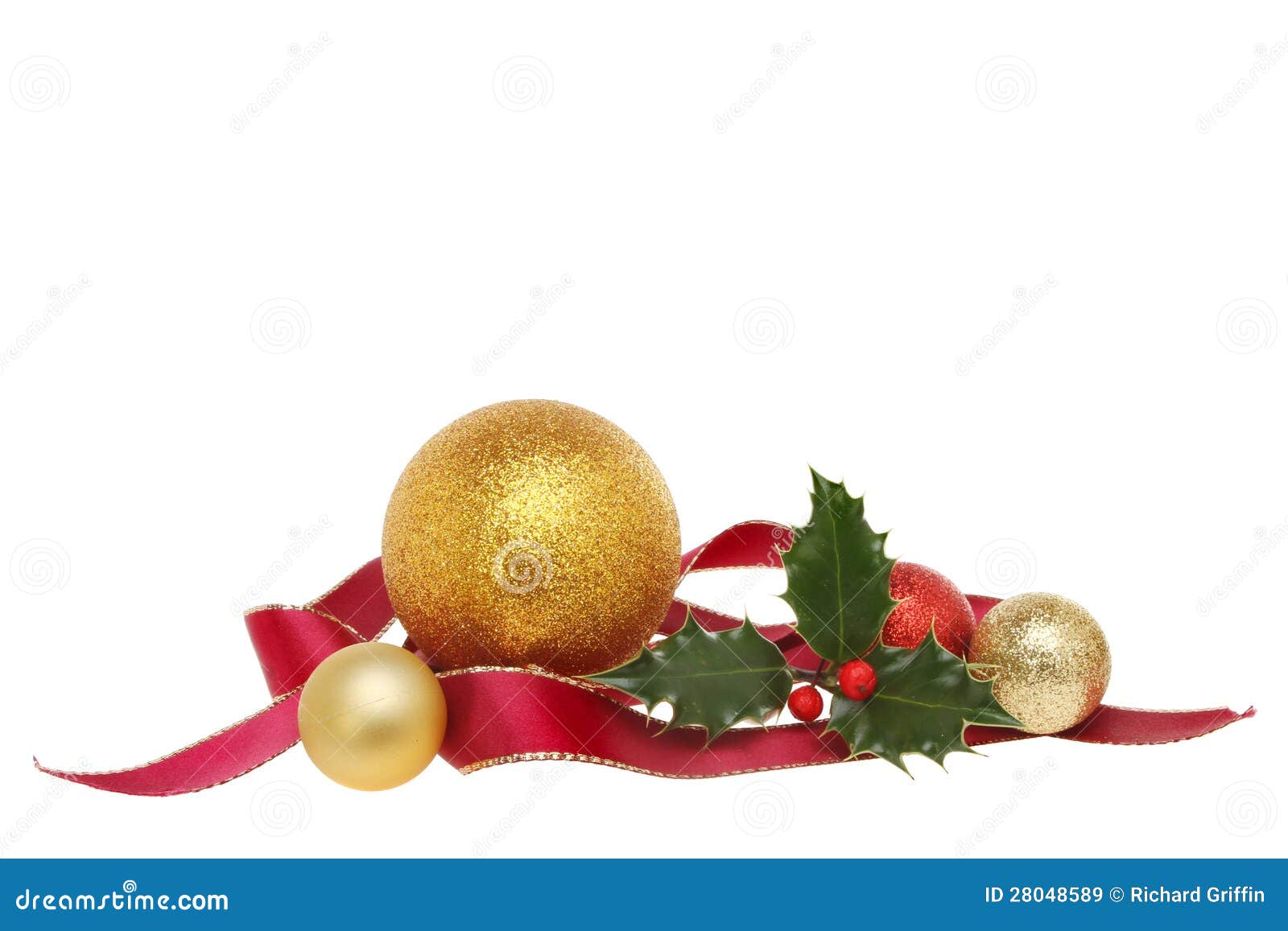 Ribbon Ball and Holly Decoration Stock Image - Image of berry, glitter ...