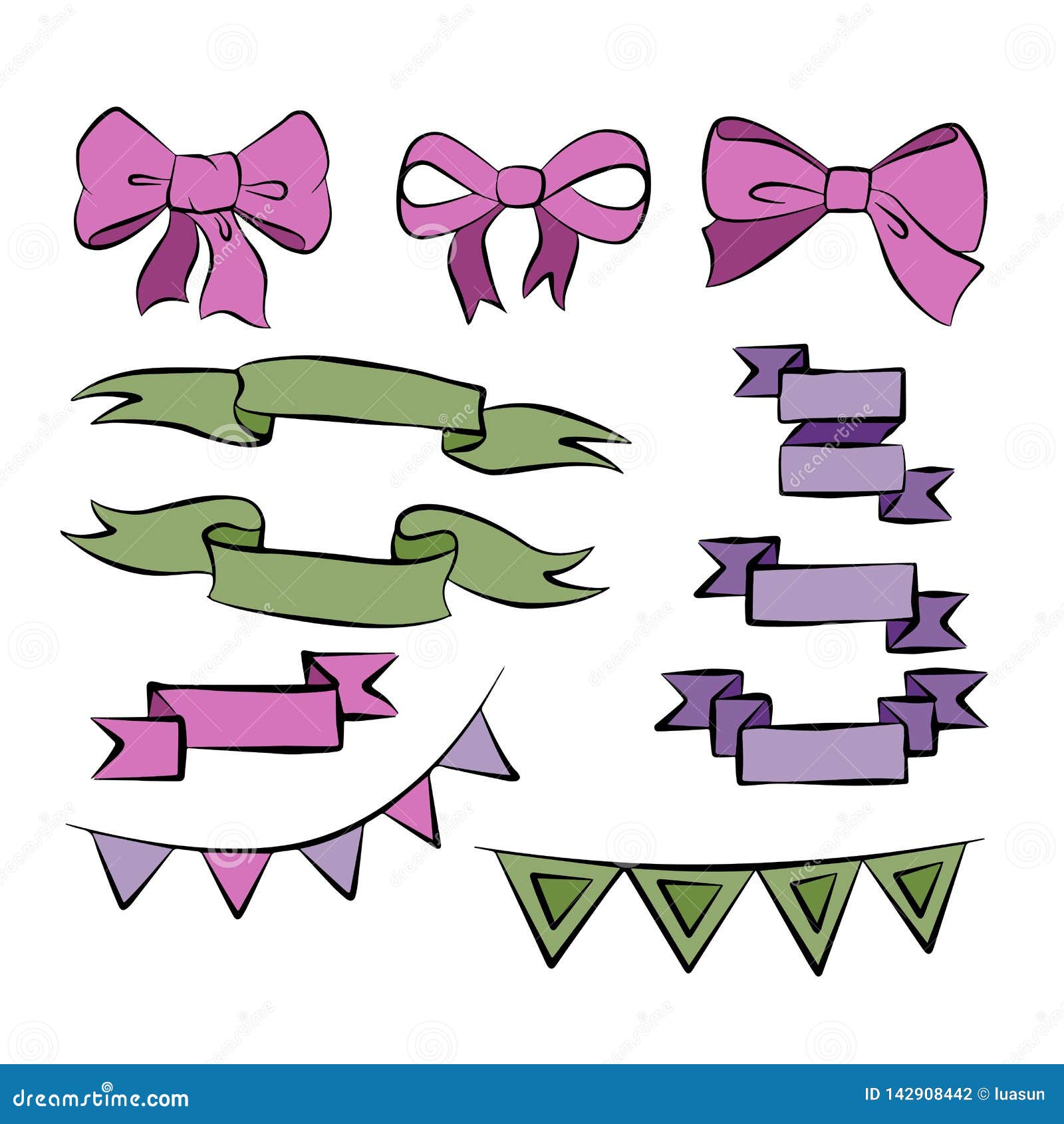 Ribbon Bow Banner Hand Drawn Color Set Stock Vector - Illustration of ...