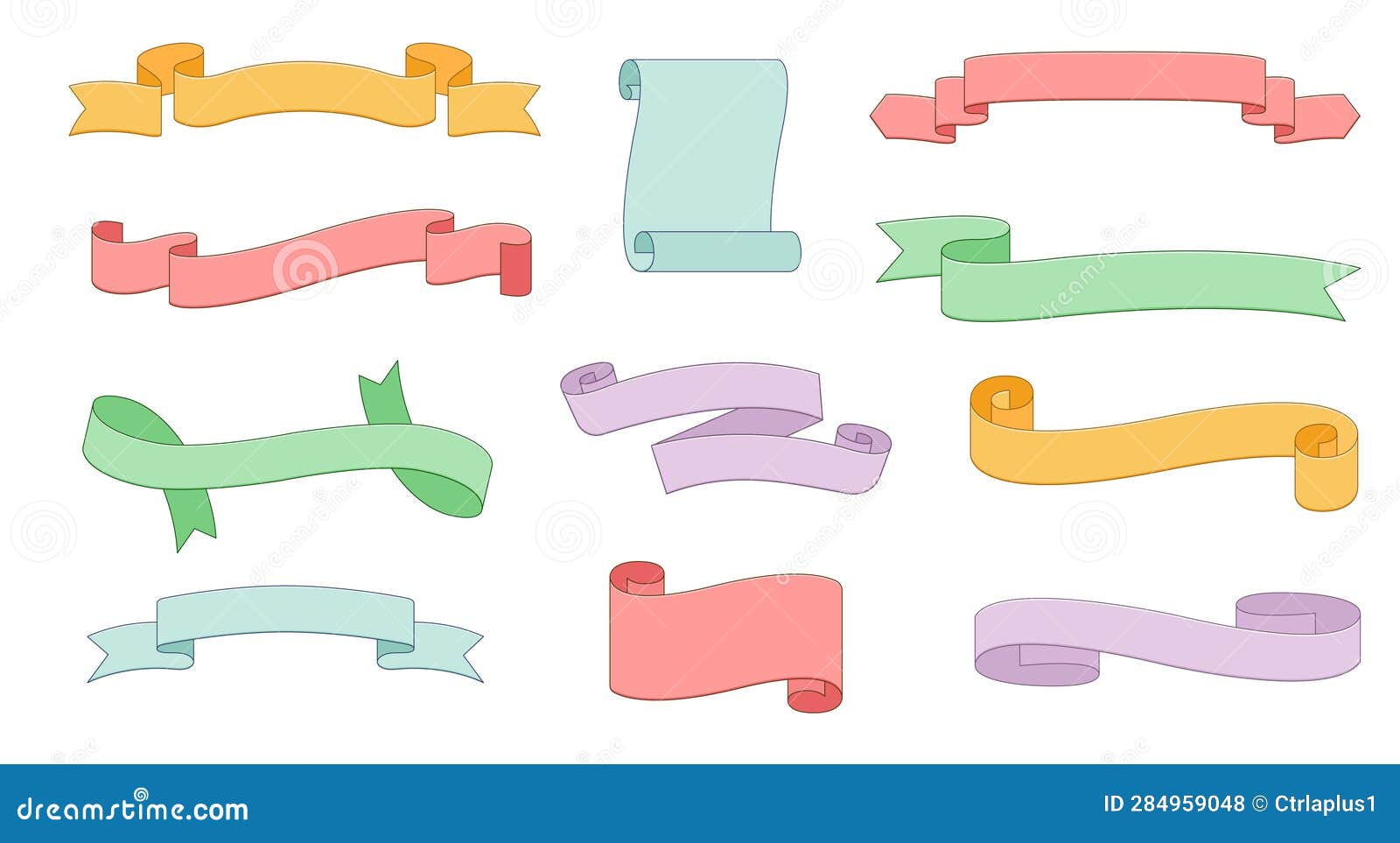 Full Color Set of Curve Ribbons Flat Style Isolated on White Background ...