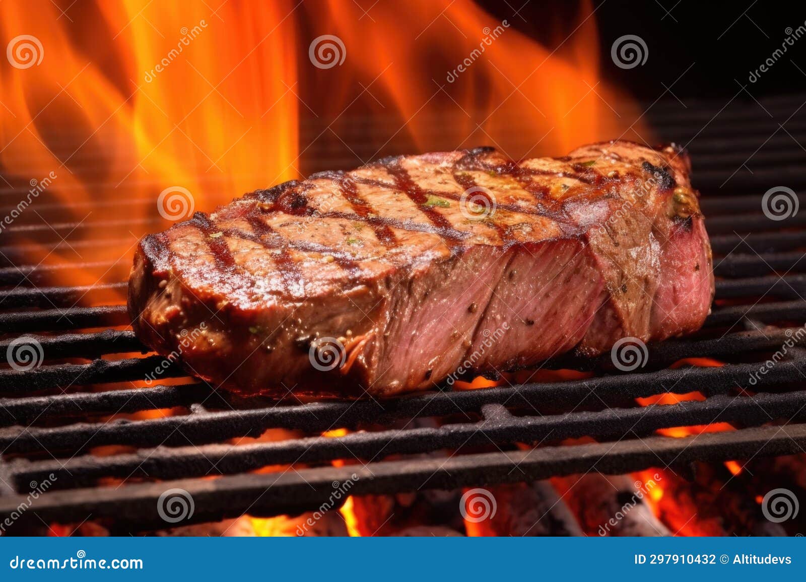 Ribeye Steak on Grill with Fire and Smoke Visible Stock Photo - Image ...
