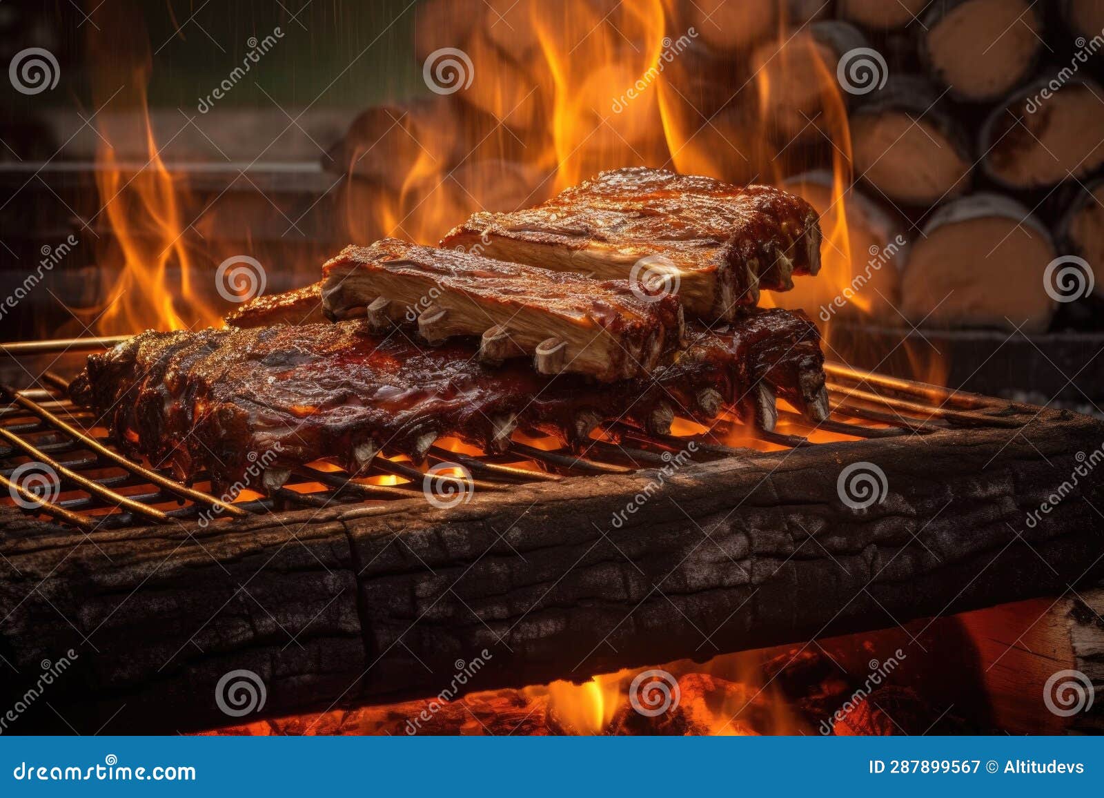 Ribs Sizzling with Campfire Flames in Background Stock Illustration ...