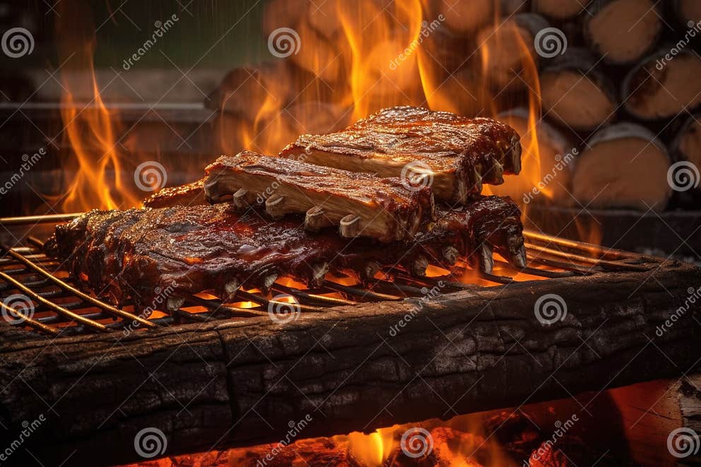 Ribs Sizzling with Campfire Flames in Background Stock Illustration ...