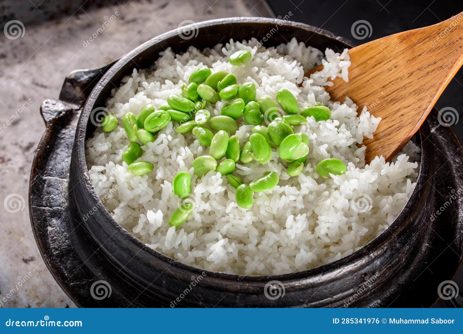 Edamame Served on Steamed White Rice in a Cast Iron Pot, Captured in 4K ...