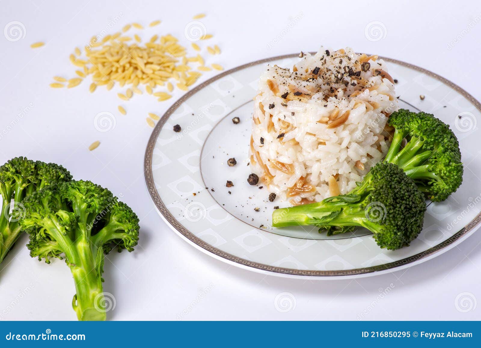 Rice with Barley Noodles and Fresh Broccoli on the Plate Stock Image ...