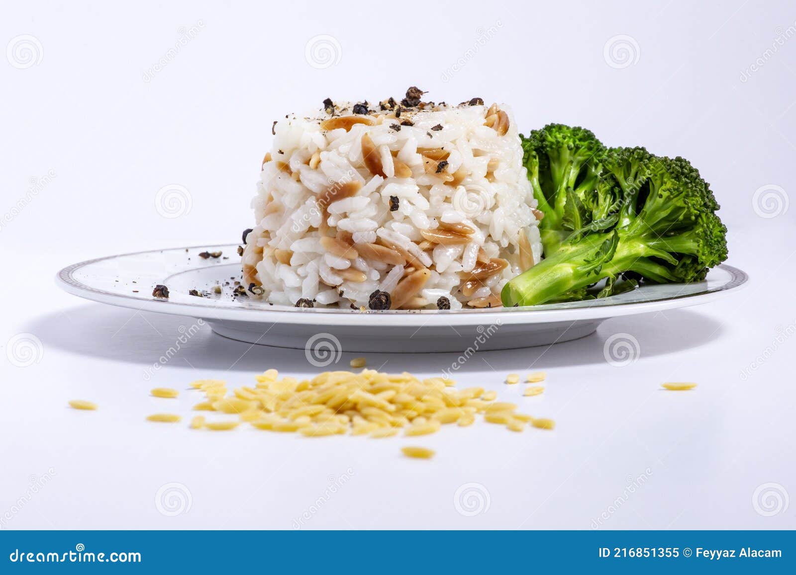 Rice with Barley Noodles and Fresh Broccoli on the Plate Stock Image ...