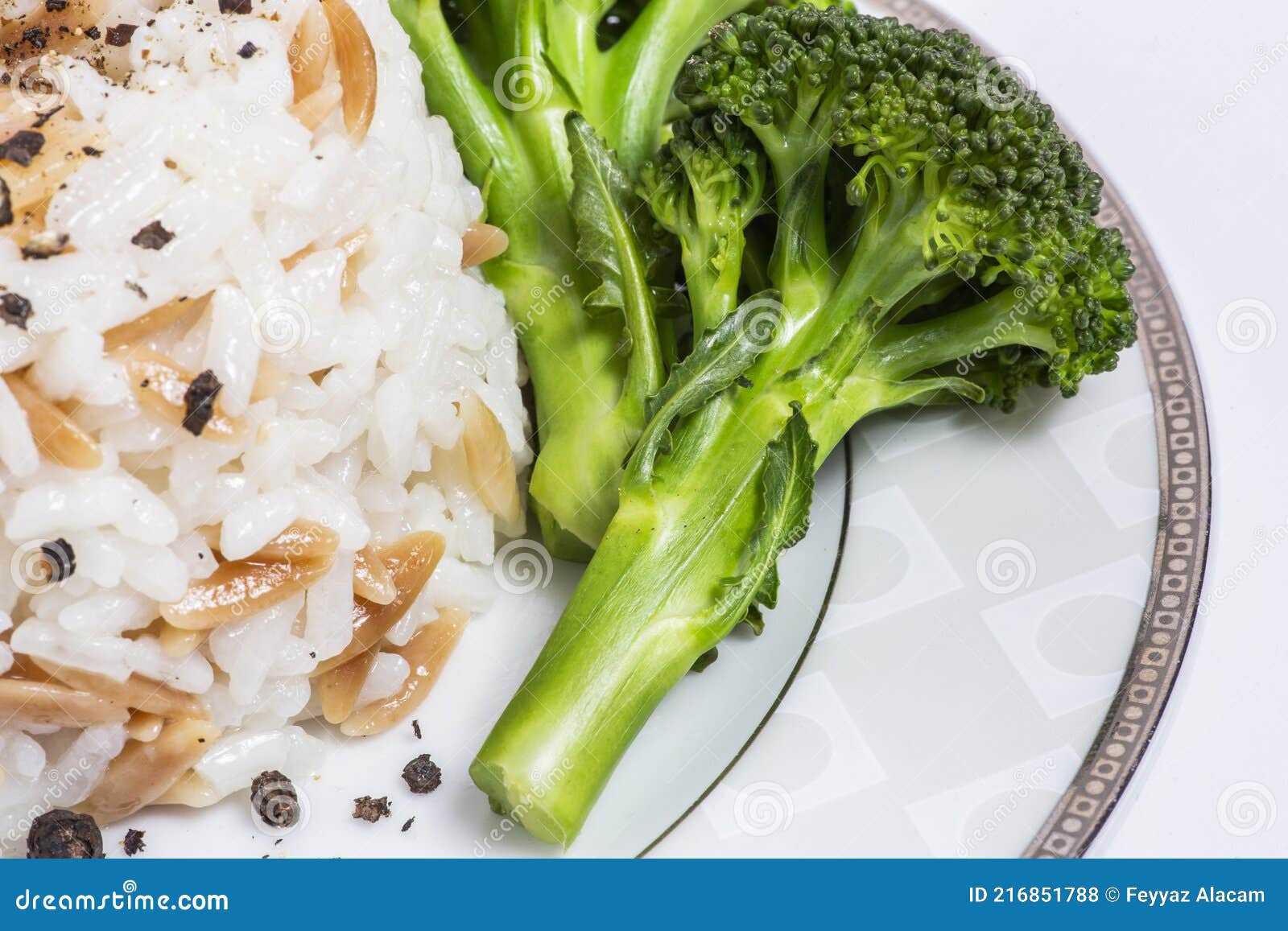 Rice with Barley Noodles and Fresh Broccoli on the Plate Stock Photo ...