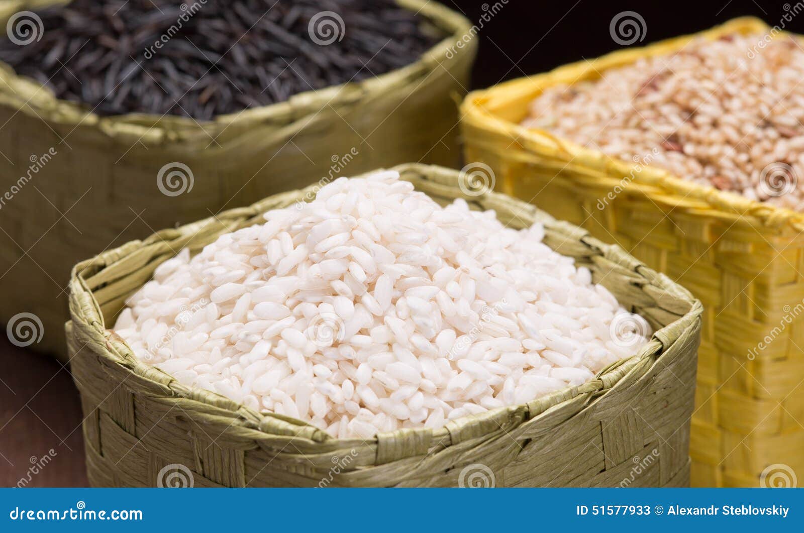 Rice in baskets stock image. Image of basmati, seed, wood - 51577933
