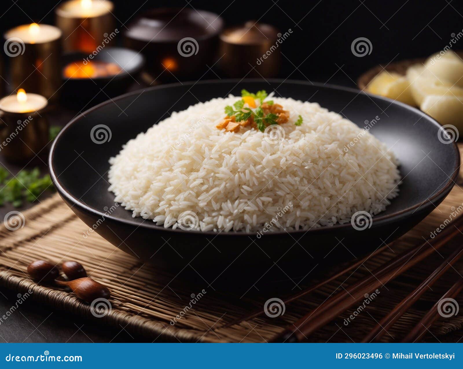 Rice in a Black Plate on a White Background on a Table in Chinese Style ...