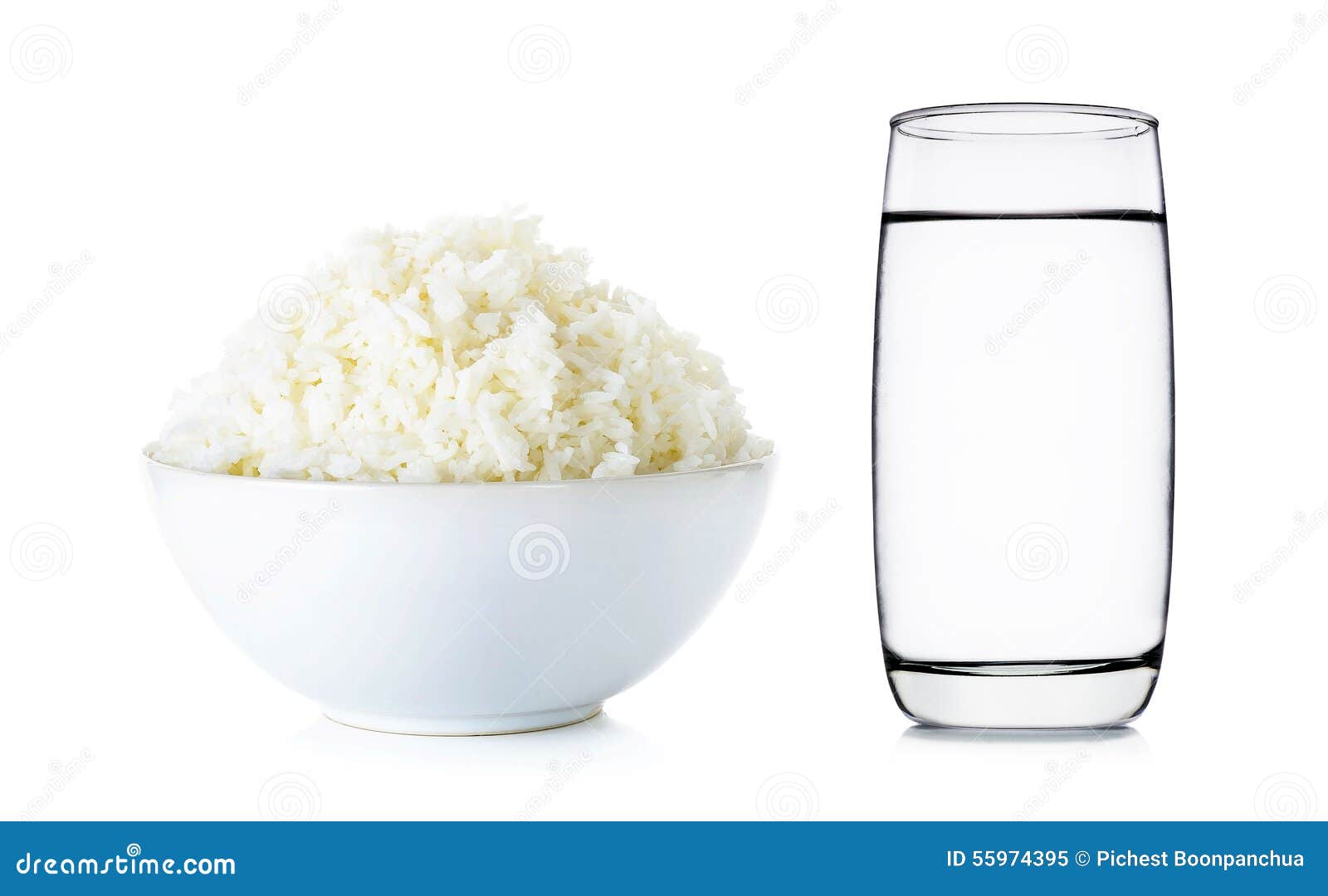 Rice with Bowl and Water of Glass Isolated on White Stock Image - Image ...
