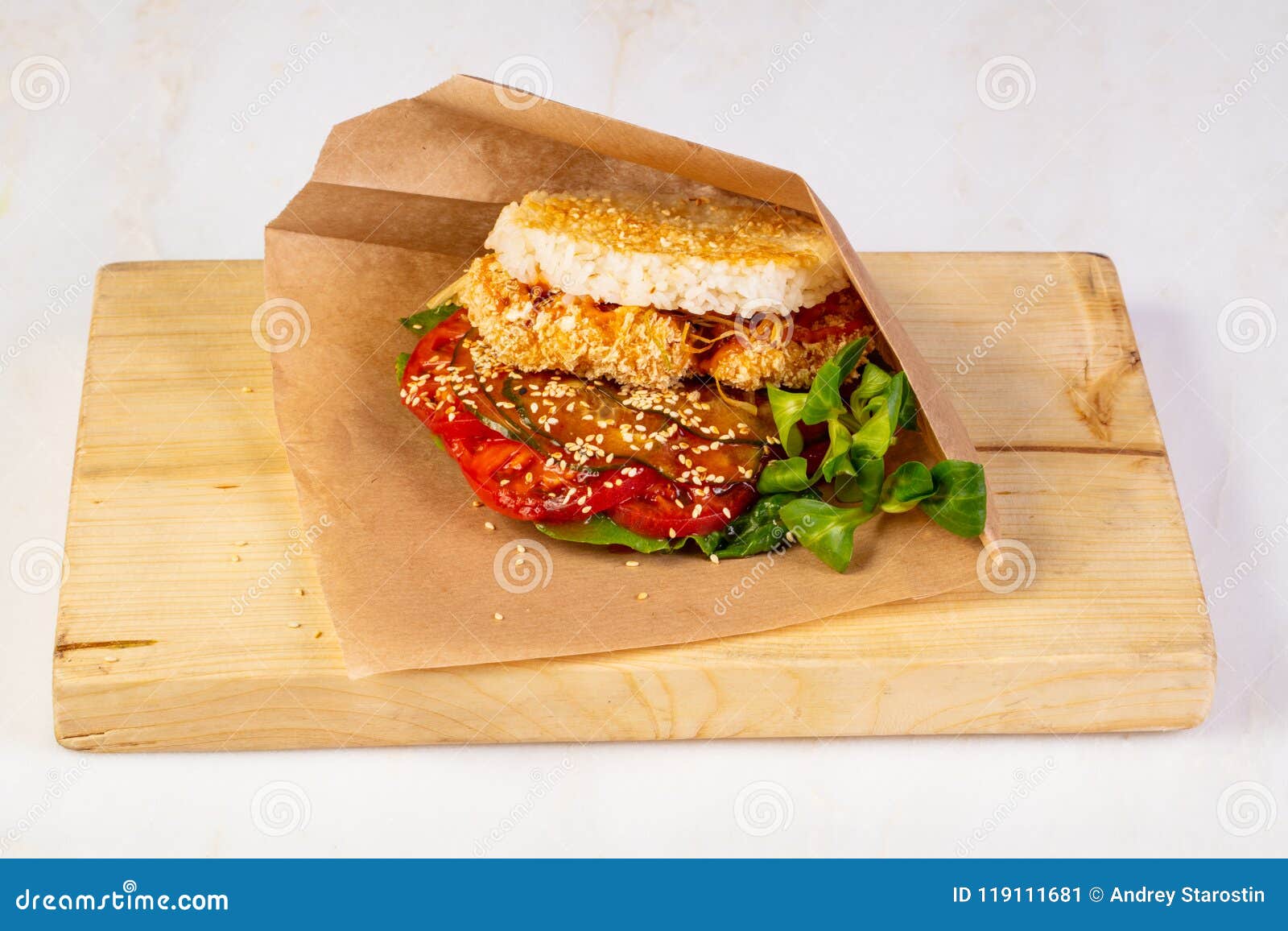 Rice burger with chicken stock image. Image of burger - 119111681