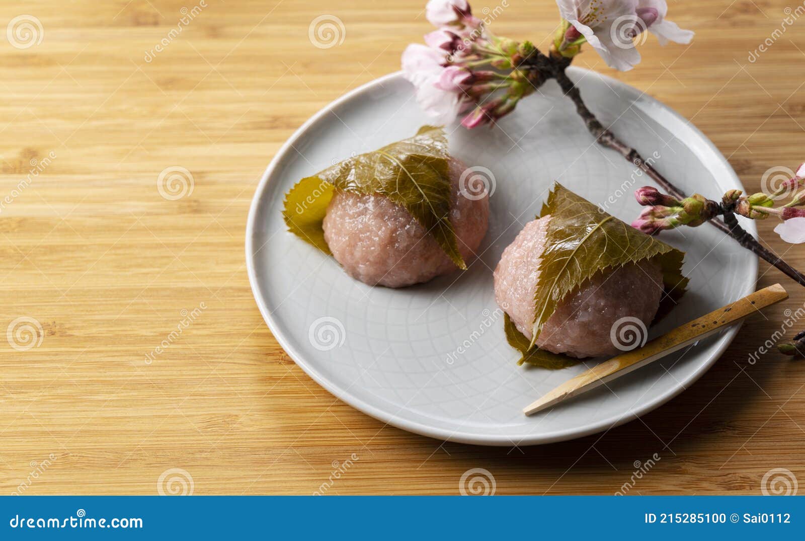 Rice Cake with Bean Paste Wrapped in a Preserved Cherry Leaf Stock ...