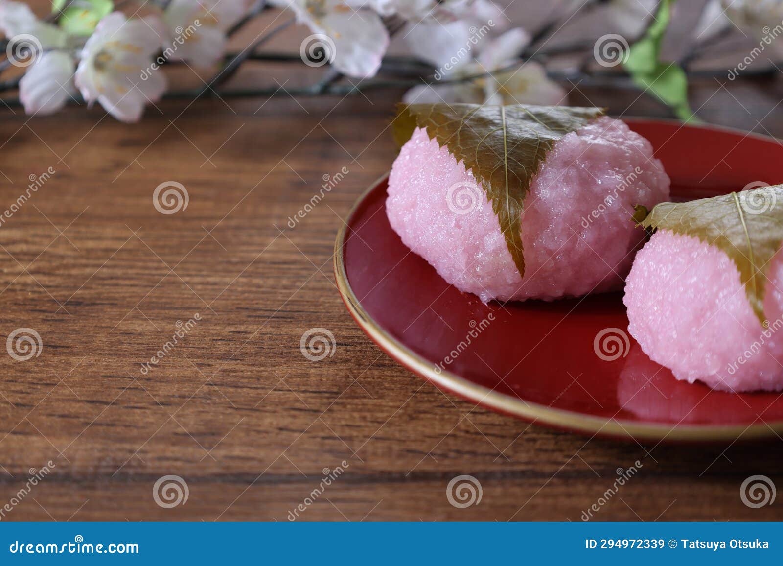 Rice Cake with Bean Paste Wrapped in a Preserved Cherry Leaf on a ...