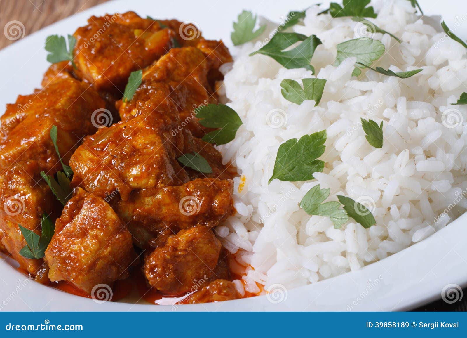 Rice with Chicken Curry and Herbs Closeup on Plate Stock Image - Image ...