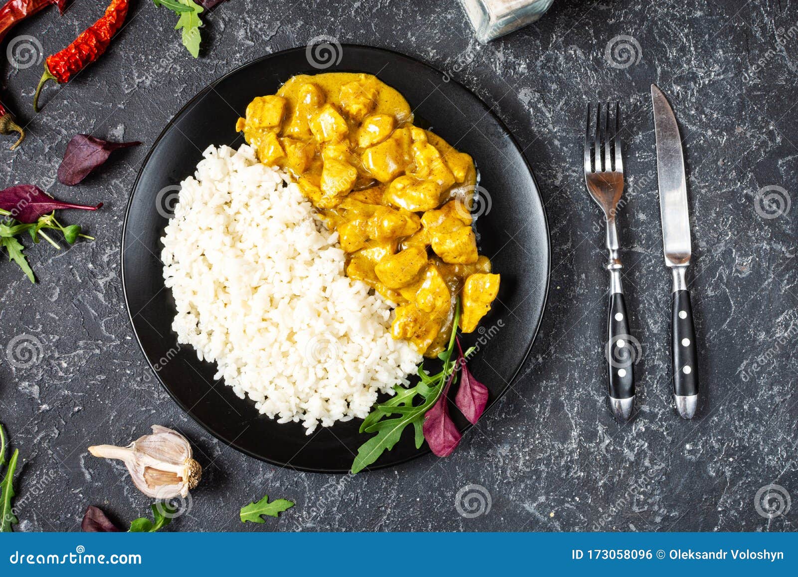 Rice with Chicken in Curry Sauce on a Plate with Horizontal Top View ...