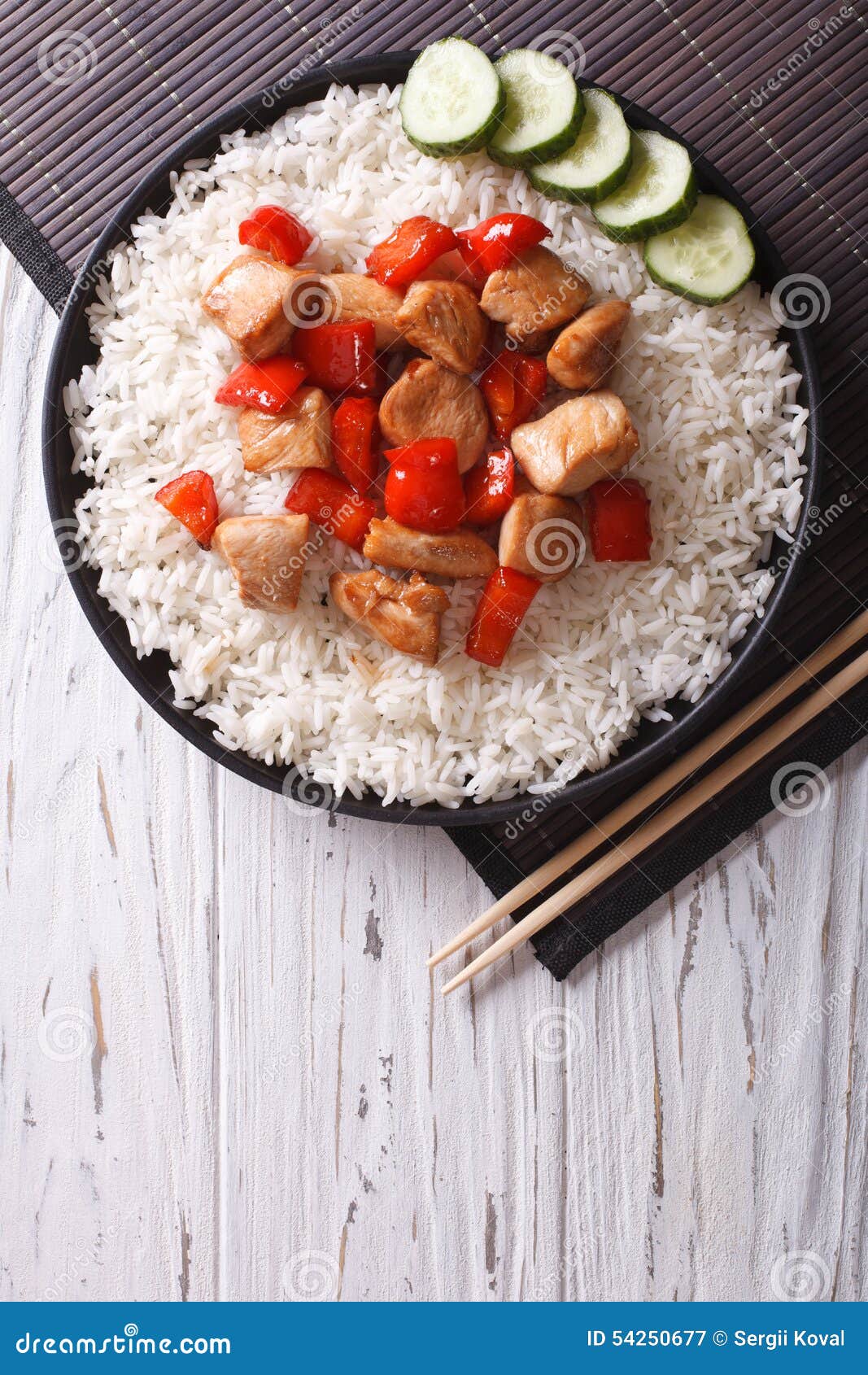 Rice with Chicken Pieces. Vertical Top View Stock Image - Image of ...