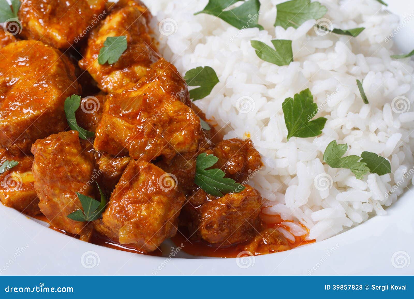 Rice and Chunks of Chicken Curry on a Plate Stock Photo - Image of ...
