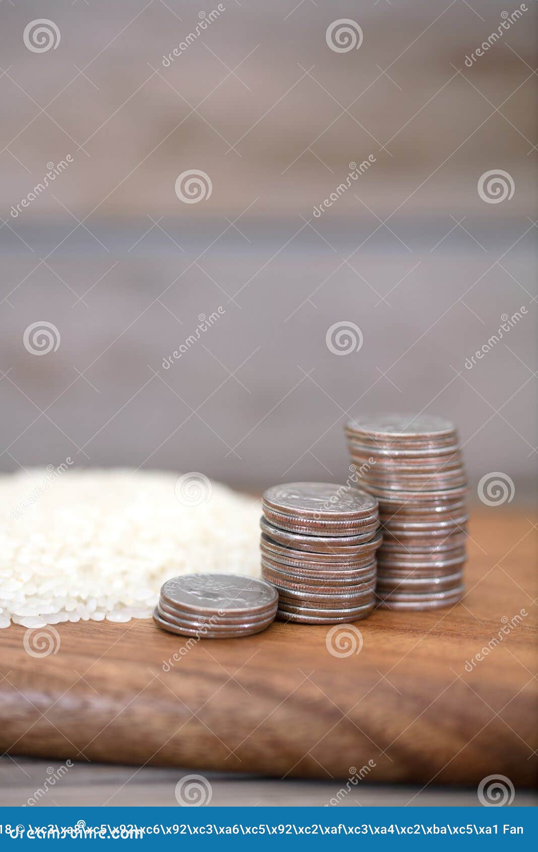 Rice and Coins on Chopping Board Stock Photo - Image of grain, bowl ...