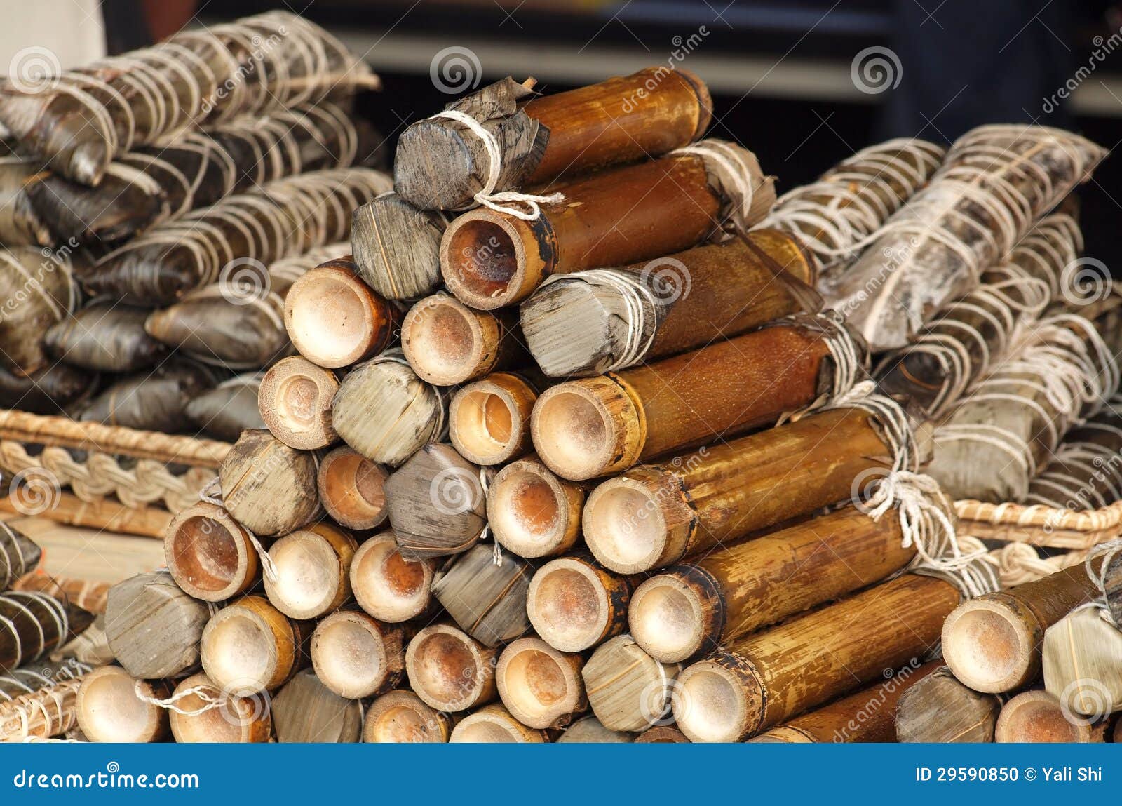 Rice Cooked in Bamboo Tubes Stock Photo - Image of stack, wrapped: 29590850
