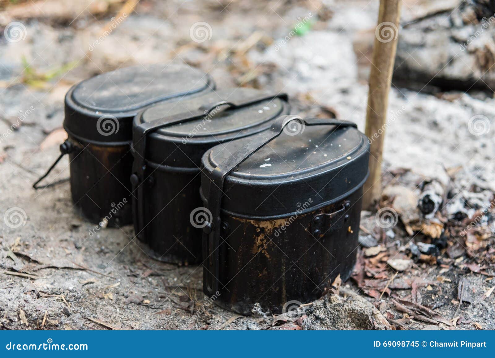 Rice Cooking with Army Pot. Focus on Front Army Pot Stock Image - Image ...