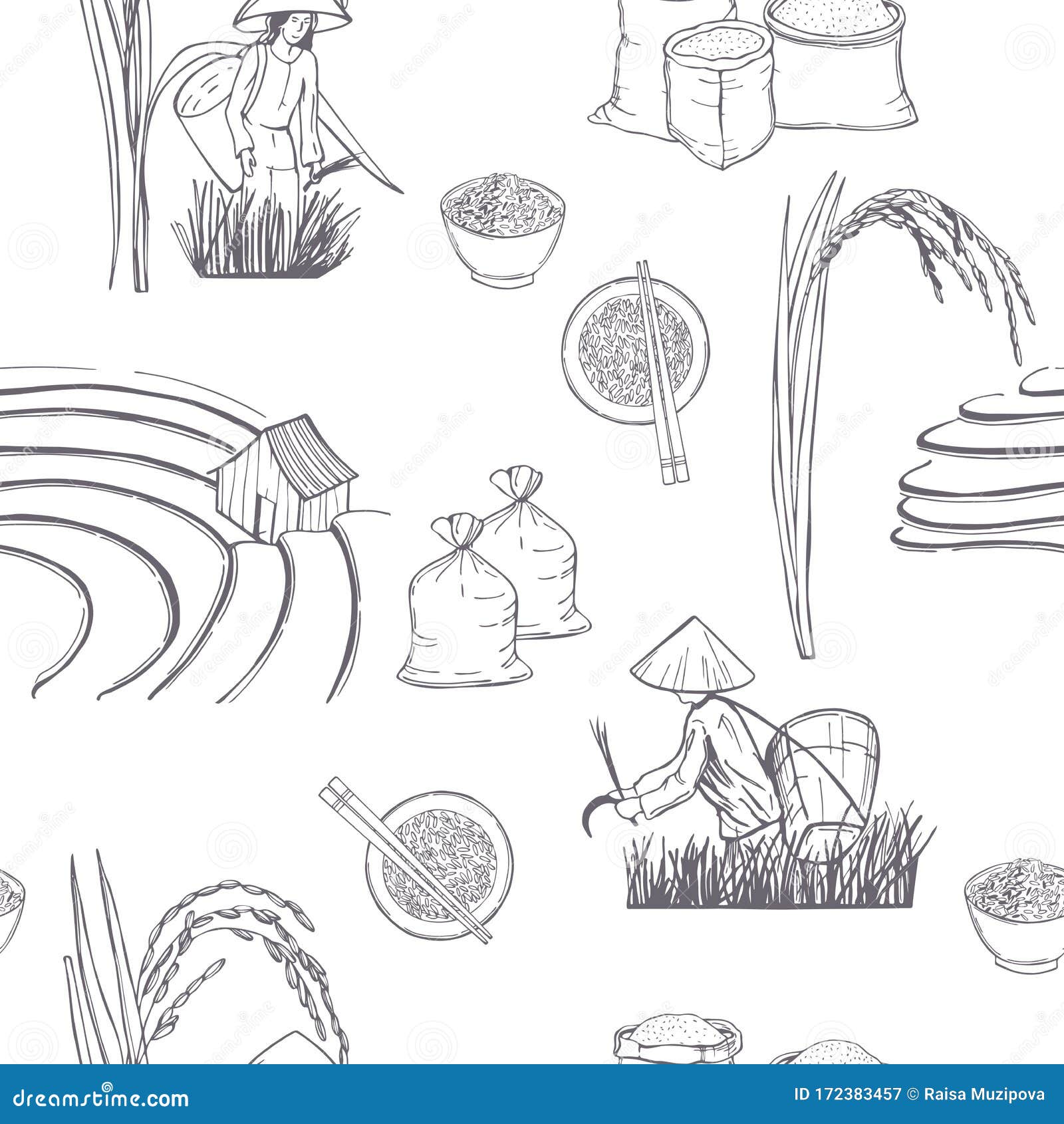 Rice Cultivation In Asia. Vector Sketch Illustration | CartoonDealer ...