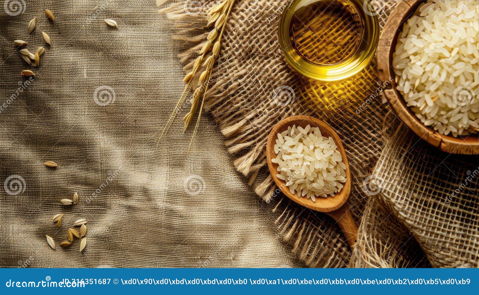 Rice Essential Oil on the Background of Burlap Top View Stock Image ...