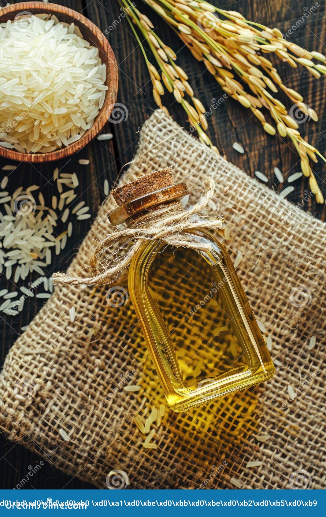Rice Essential Oil on the Background of Burlap Top View Stock Photo ...