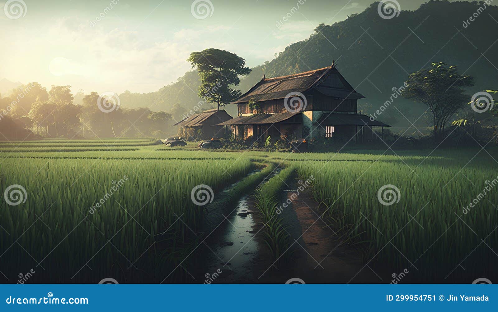 Rice Field in Bali, Indonesia. 3D Rendering Stock Illustration ...