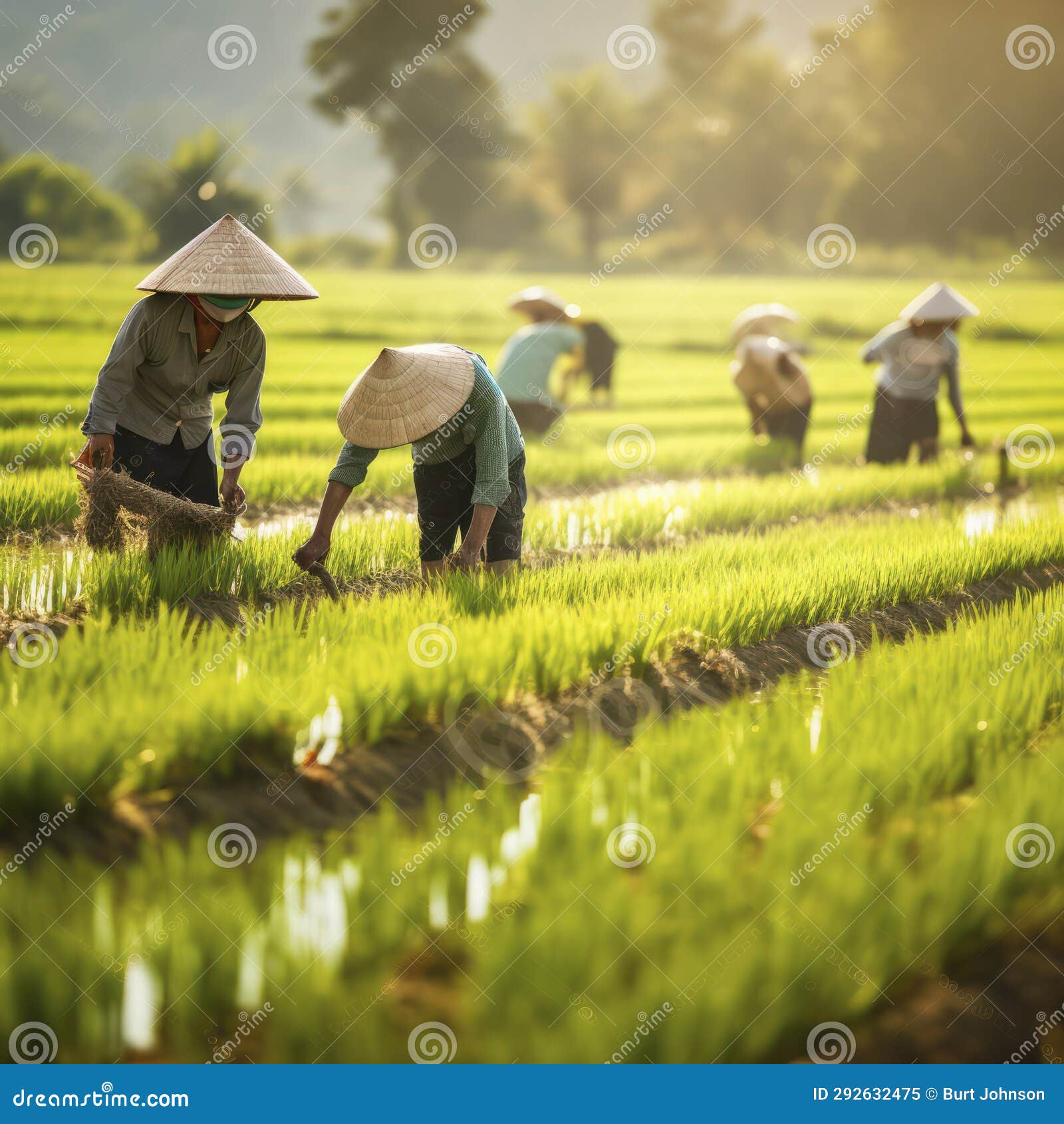 Rice Field with Many Workers Harvest Stock Illustration - Illustration ...