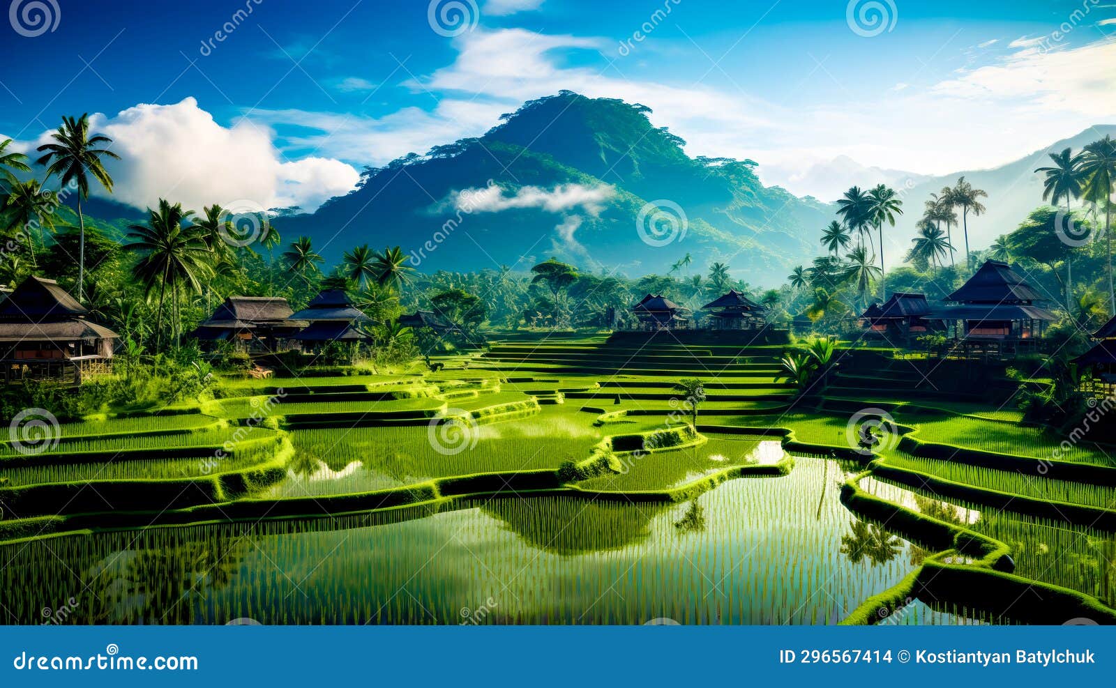 Rice Field with Mountain in the Background and Water in the Foreground ...