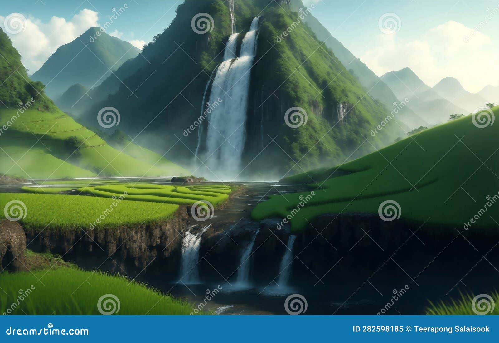 Rice Field with Mountain and Waterfall, Generative AI Illustration ...