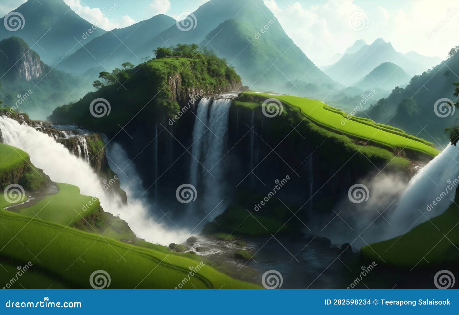 Rice Field with Mountain and Waterfall, Generative AI Illustration ...