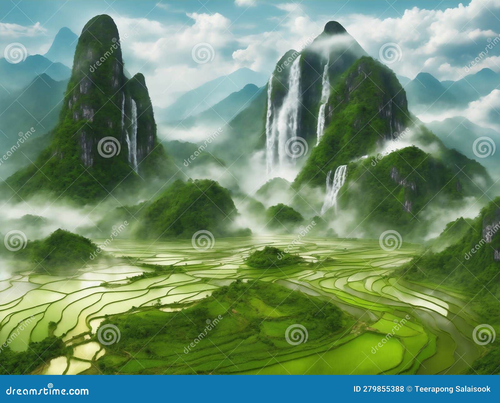 Rice Field with Mountain and Waterfall in Thailand, Generative AI ...
