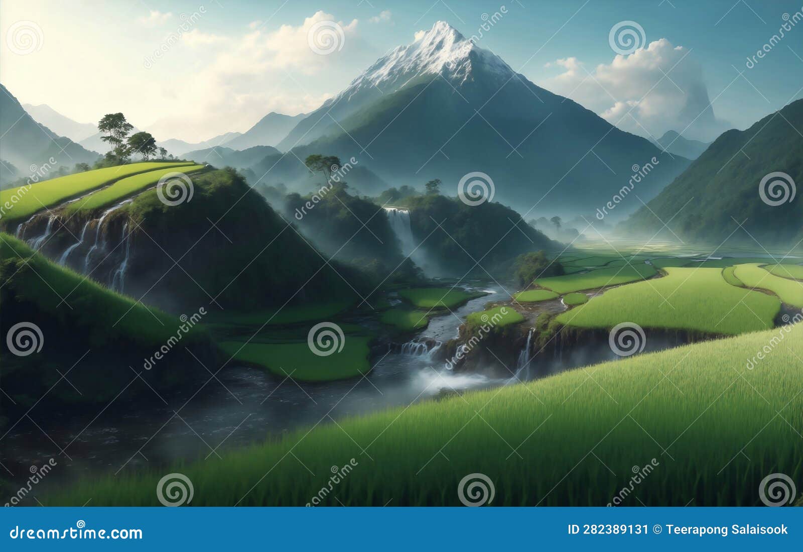 Rice Field with Mountain and Waterfall in Thailand, Generative AI ...