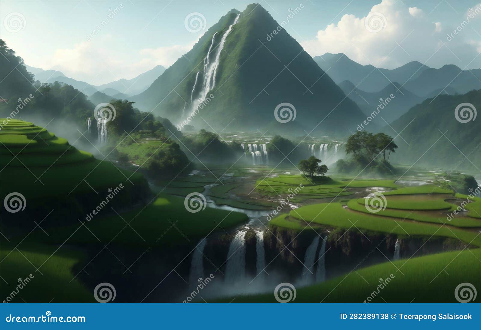 Rice Field with Mountain and Waterfall in Thailand, Generative AI ...